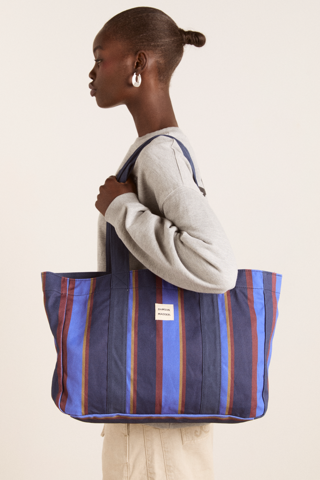 large canvas tote - navy tan wide stripe – Damson Madder