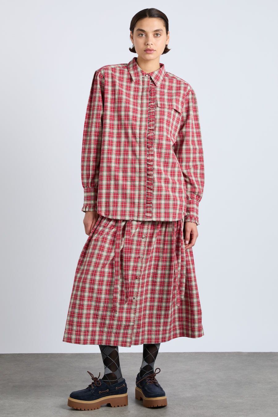 kylie ruffle shirt - red check – Damson Madder