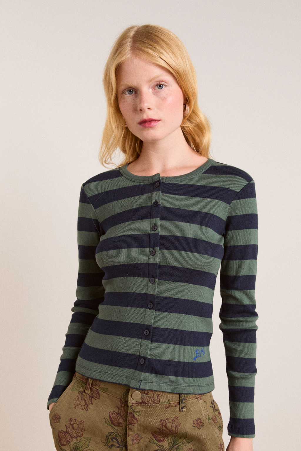sybil stripe crew cardigan - green/navy stripe – Damson Madder