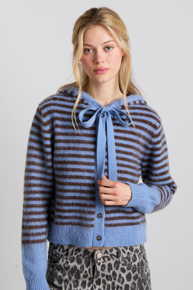 ruthie bonnet cardigan - blue & chocolate stripe – Damson Madder