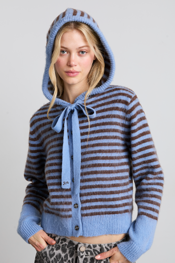 ruthie bonnet cardigan - blue & chocolate stripe – Damson Madder