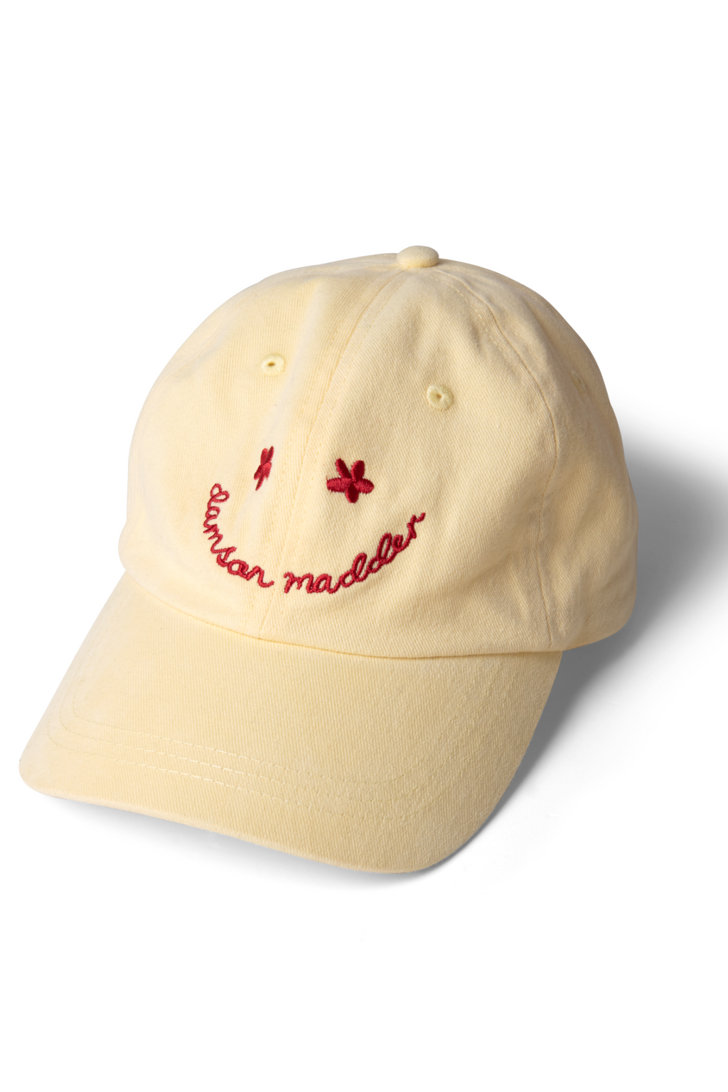 washed smiley cap in butter with red embroidery – Damson Madder